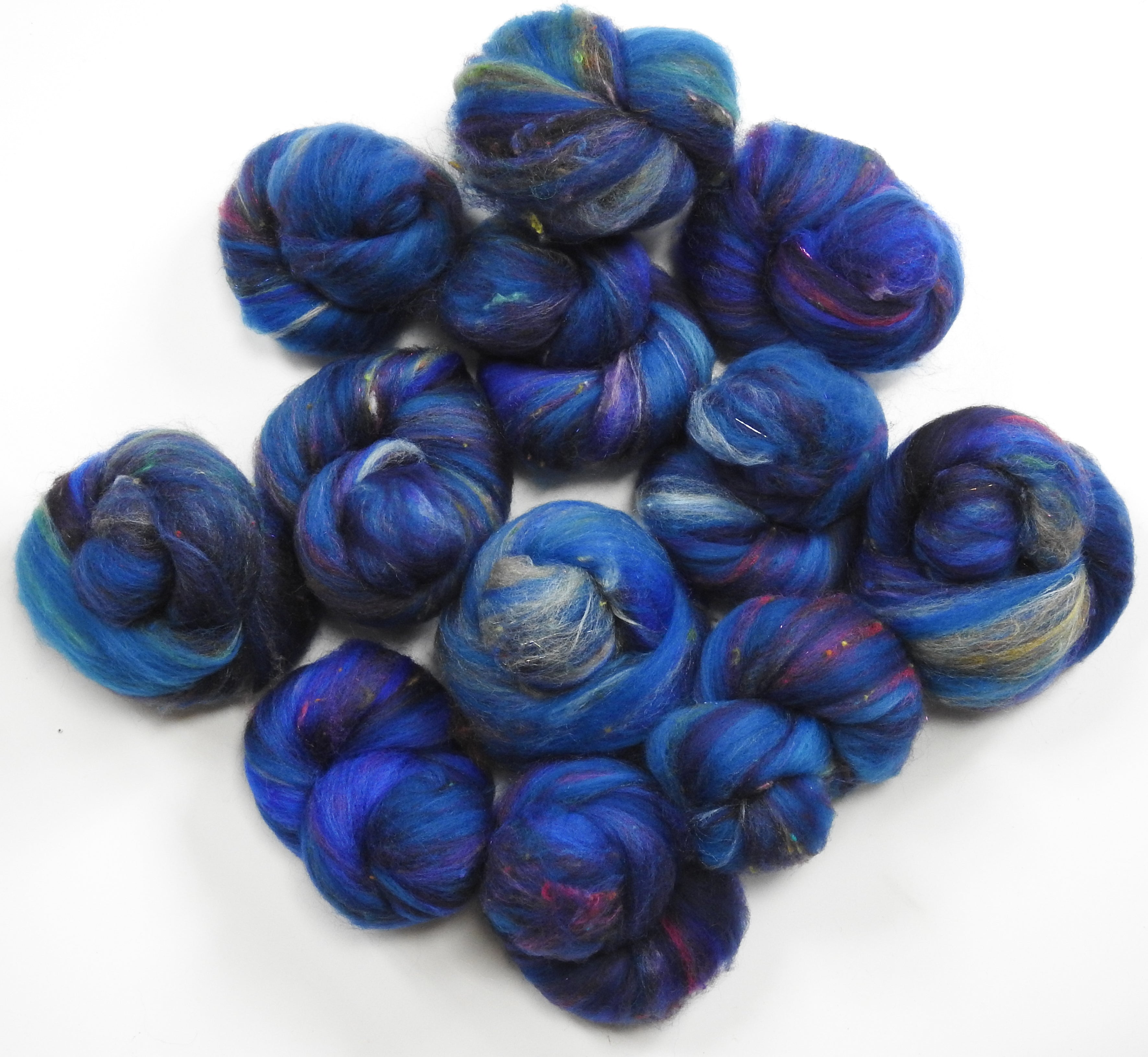 Spiked batts -Denim - (3.3 oz) -Merino , various add ins from previous ...